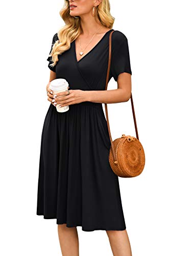 LILBETTER Women's Summer Casual Short Sleeve V-Neck Short Party Dress with Pockets Black Medium