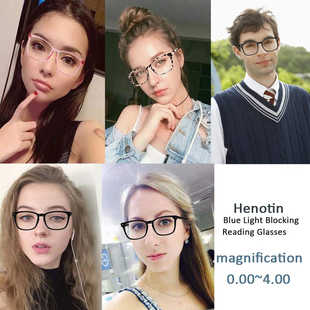 Henotin 4-Pack Blue Light Blocking Reading Glasses Women Men,Spring Hinge Computer Readers,Anti UV Ray Square Nerd Eyeglasses (Mixed Color, 0.75, Diopters)