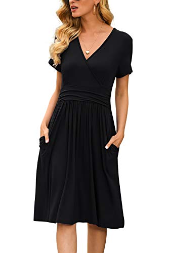 LILBETTER Women's Summer Casual Short Sleeve V-Neck Short Party Dress with Pockets Black Medium