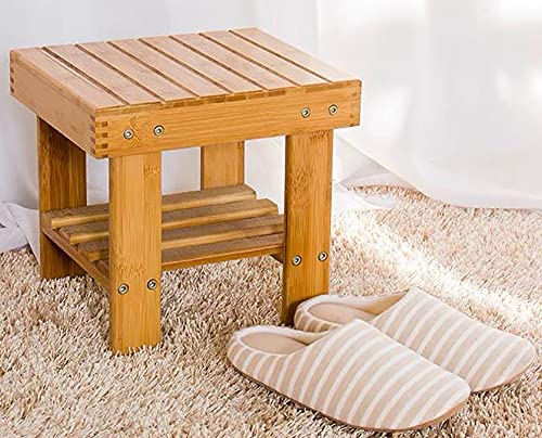 Lawei Bamboo Step Stool, Bamboo Foot Rest Stool Bamboo Shower Bench Stool with Storage Shelf for Kids Children Adult, Works in Bathroom Living Room Bedroom Garden