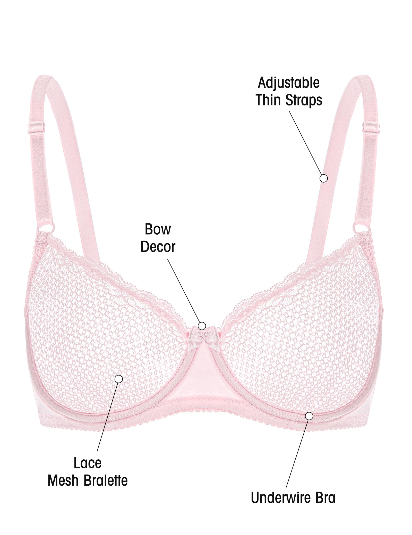 Wingslove Women's Sexy 1/2 Cup Lace Bra Balconette Mesh Underwired Demi Shelf Bra Unlined See Through Bralette (Light Pink, 36A)