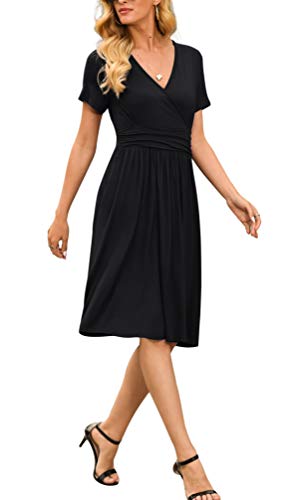 LILBETTER Women's Summer Casual Short Sleeve V-Neck Short Party Dress with Pockets Black Medium