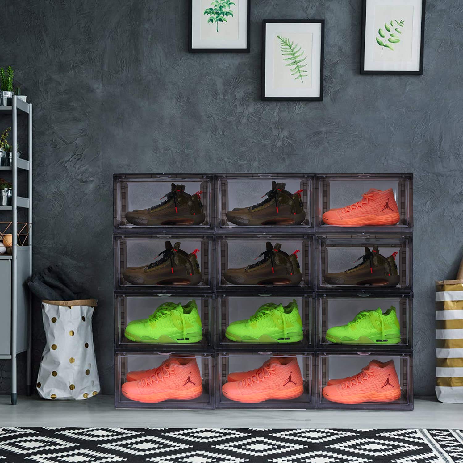 Reitu 3 Pack Shoe Storage Boxes, Clear Plastic Stackable Shoe Organizer Bins, Side Opening Sneaker Holder Containers For Men/Women sneaker Fit up to US Size 13 (Black)
