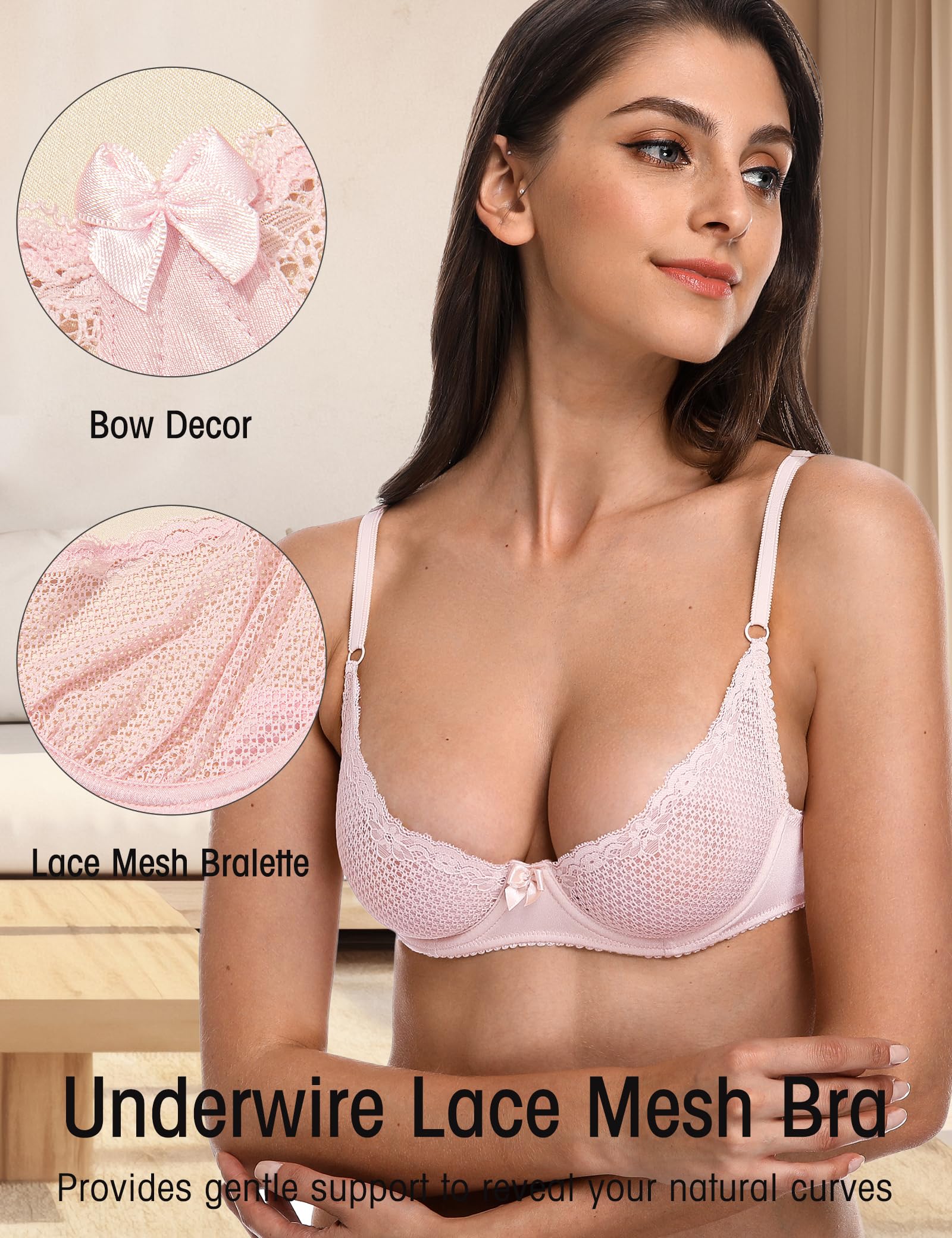 Wingslove Women's Sexy 1/2 Cup Lace Bra Balconette Mesh Underwired Demi Shelf Bra Unlined See Through Bralette (Light Pink, 36A)