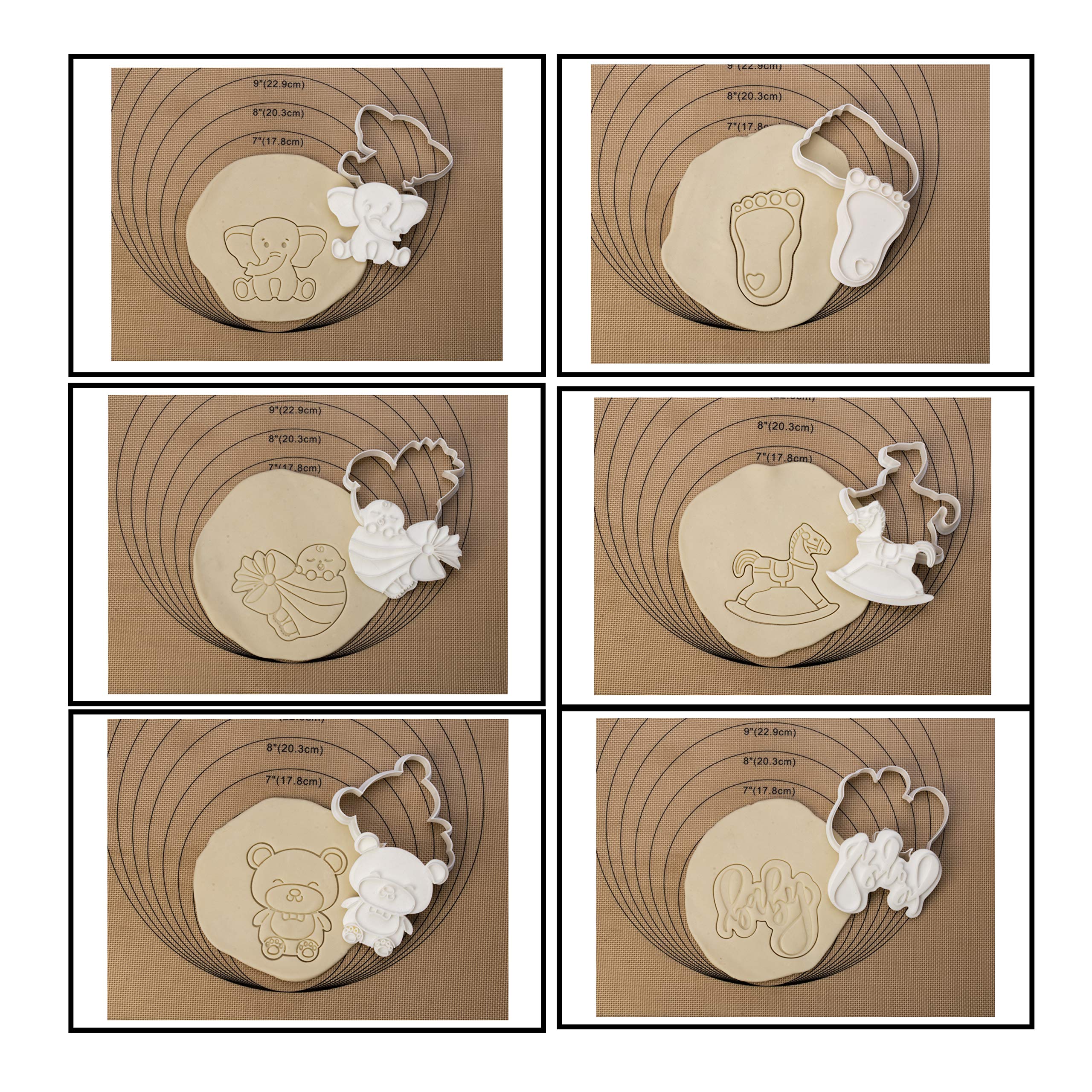 Baby Shower Cookie Cutter 6 Pack 3D Stampers Molds DIY Fondant Decorating for Kids' Birthday Party Kitchen Tools, Making Rocking Horse Baby Face Letter Teddy Bear Elephant Foot