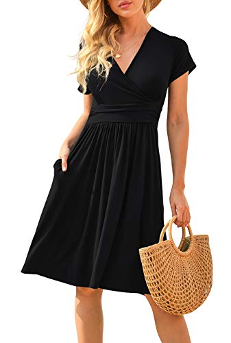 LILBETTER Women's Summer Casual Short Sleeve V-Neck Short Party Dress with Pockets Black Medium