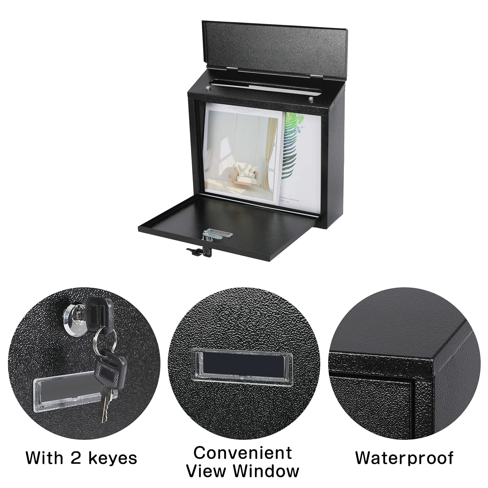 xydled Mail Boxes with Key Lock,Locking Mailbox Wall Mounted,Security Mailbox with Lock and Key,Large Capacity,Steel Cover Metal Postbox for House,14.2X 4X 12.6 Inch, Black