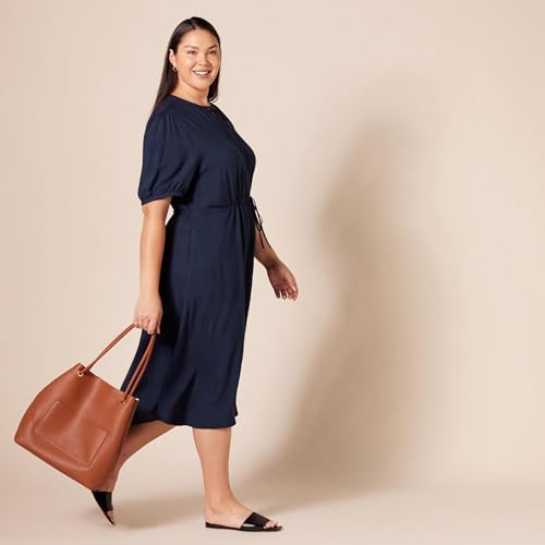 Amazon Essentials Women's Relaxed Fit Half-Sleeve Waisted Midi A-Line Dress, Navy, Large
