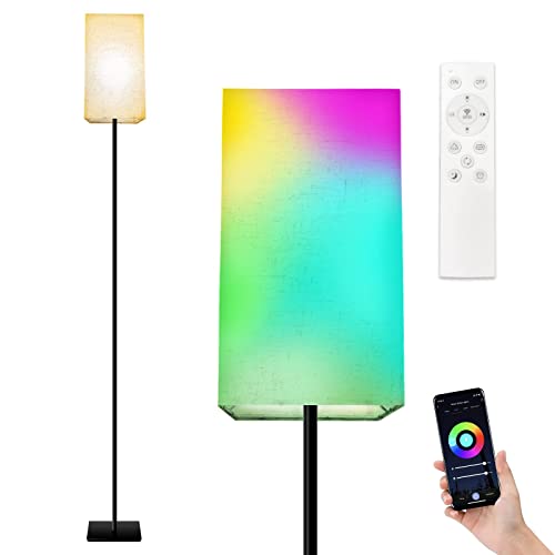 Smart RGB LED Floor Lamp: Color Changing Standing Lamp for Living Room Bedroom Office - Works with Alexa Google Assistant WIFI App Remote Control - Modern Tall Lamp with Linen Lamp Shade & Colors Bulb