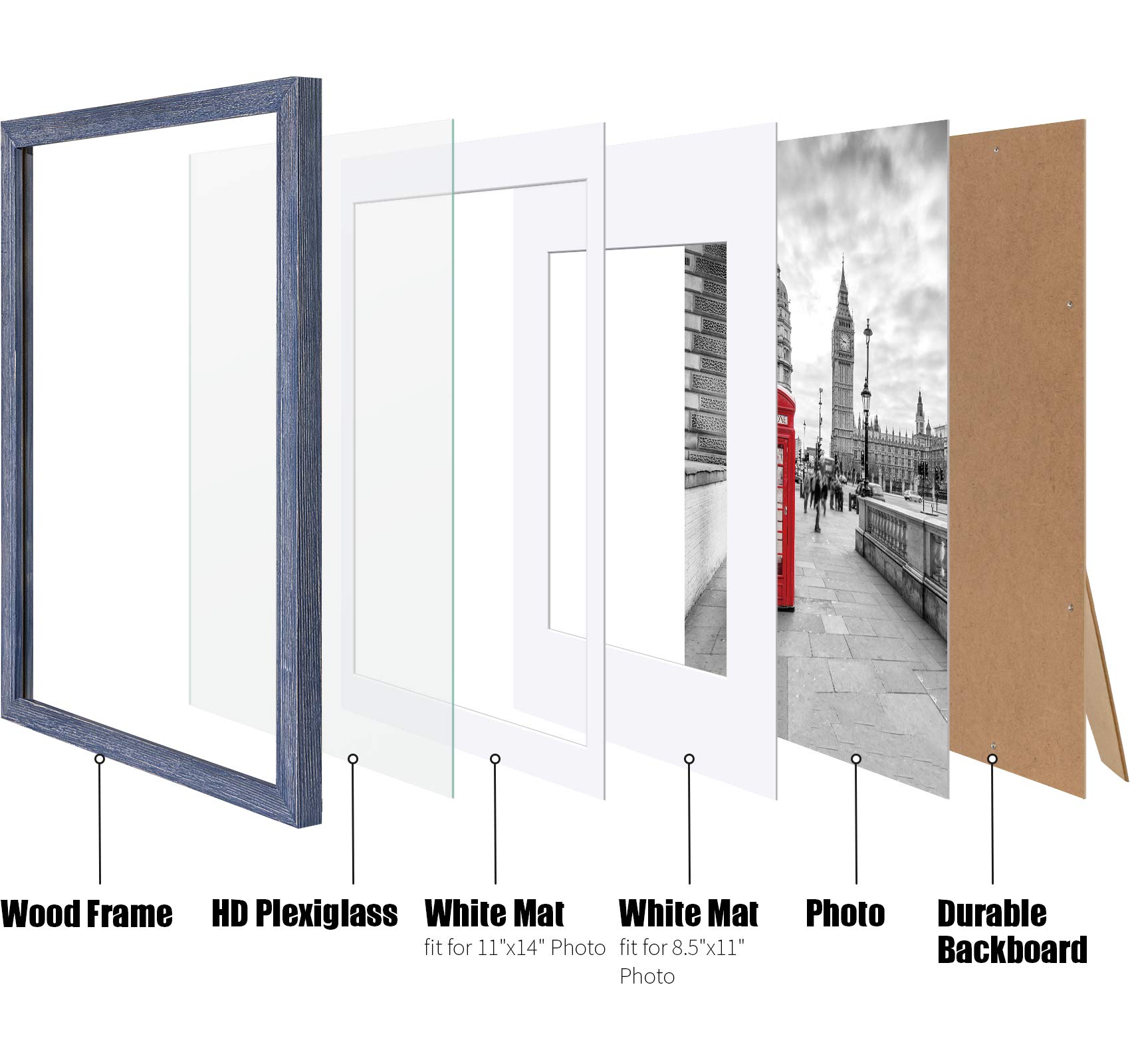 12x16 Rustic Picture Frames Solid Wood Display Pictures 11x14 or 8.5x11 Diplomas with Mat or 12x16 without Mat, Farmhouse Distressed Wooden Picture Frame for Wall or Table Top Display, Rustic Blue