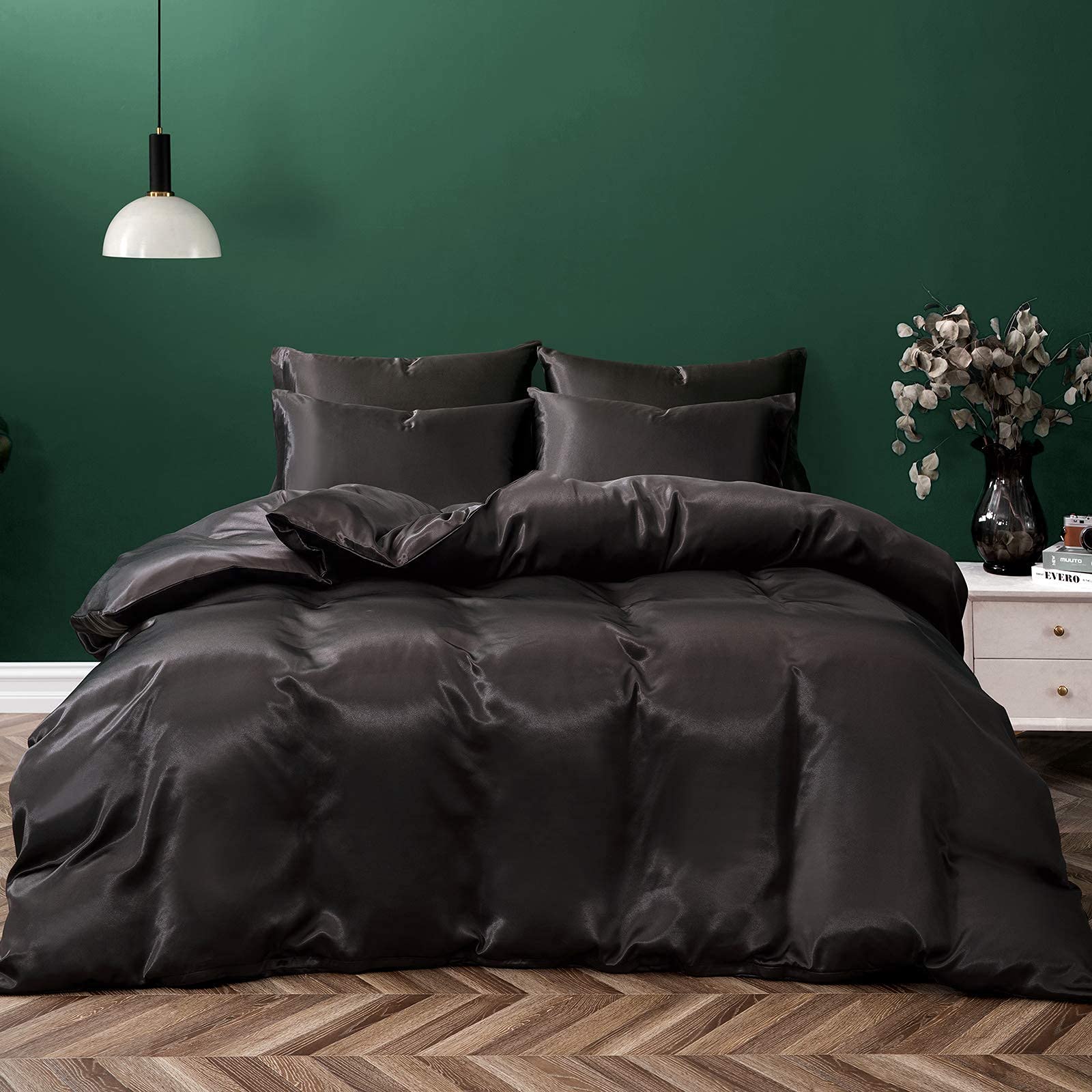 P Pothuiny 5 Pieces Satin Duvet Cover Full/Queen Size Set, Luxury Silky Like Black Duvet Cover Bedding Set with Zipper Closure, 1 Duvet Cover + 4 Pillow Cases (No Comforter)