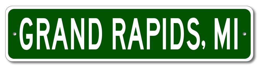 Grand Rapids, Michigan - USA City and State Street Sign - Personalized Metal Street Sign, Man Cave Destination Sign, Perfect Idea, Pub Bar Wall Decor - 4x18 inches