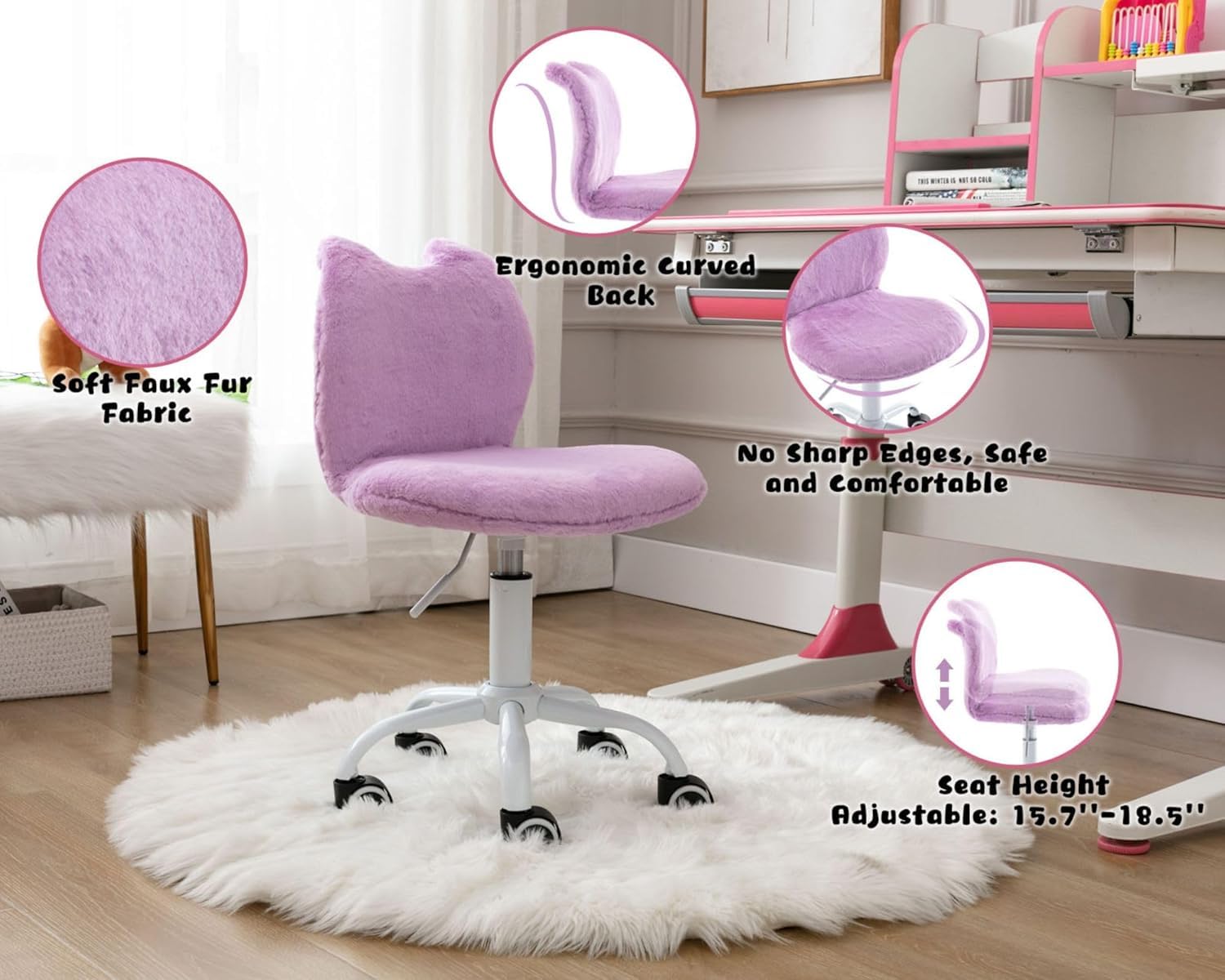 Modern Cute Cat Kids Desk Chair, Comfortable Fuzzy Small Desk Chair for Girls and Boys, Ergonomic Adjustable Swivel Computer Chair, Hello Kitty Vanity Chair Study Rolling Stools with Wheels, Purple