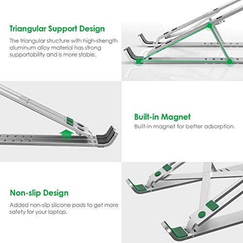 licheers Laptop Stand for Desk, Adjustable Ergonomic Portable Aluminum Laptop Holder, Foldable Computer Stand 7 Angles Anti-Slip Laptop Riser Compatible with 9-15.6 inch Laptops, Silver