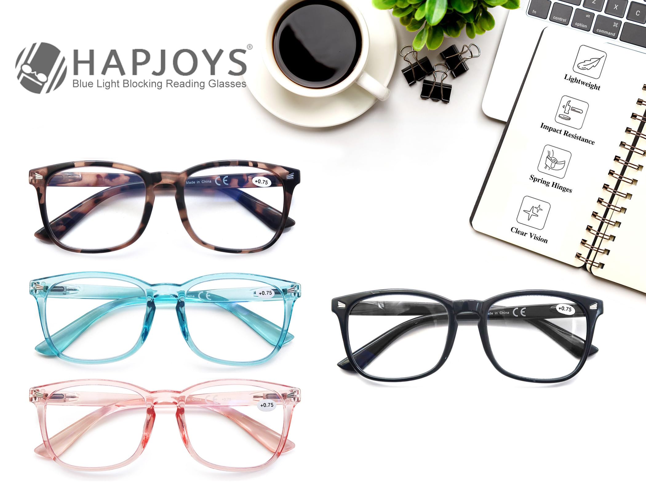 HAPJOYS Women's Reading Glasses Blue Light Blocking Computer Readers +0.75 for Women Blue Ray Cheaters 4 Pack Anti Glare Reduce Eyestrain Protect Eyes