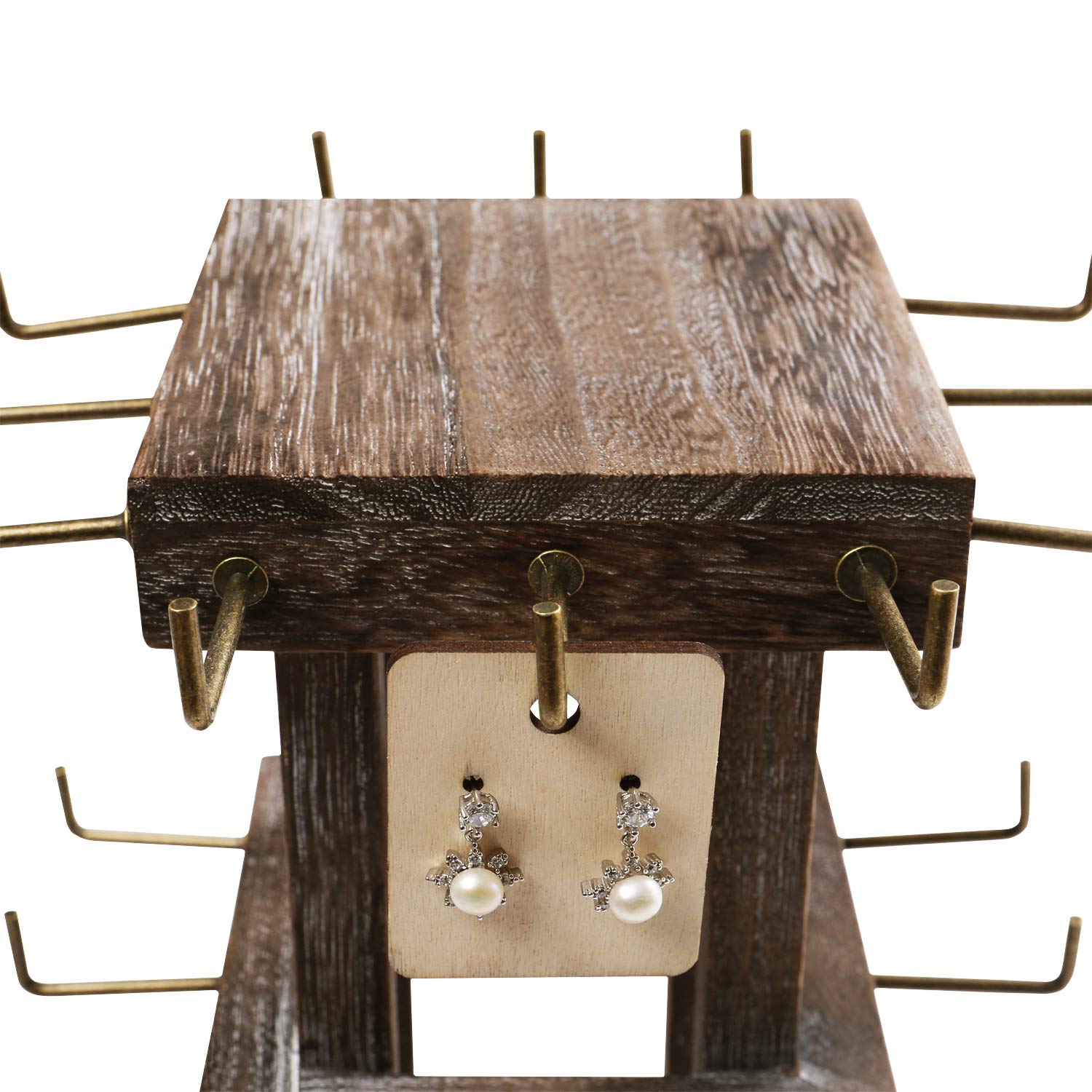 Ikee Design Wood Rotating Jewelry Display Stand Tower,Spinning Keychain Display Stand,36 Hooks Spinning Necklace, Bracelet, Earring Rack for Vendor, Coffee Color