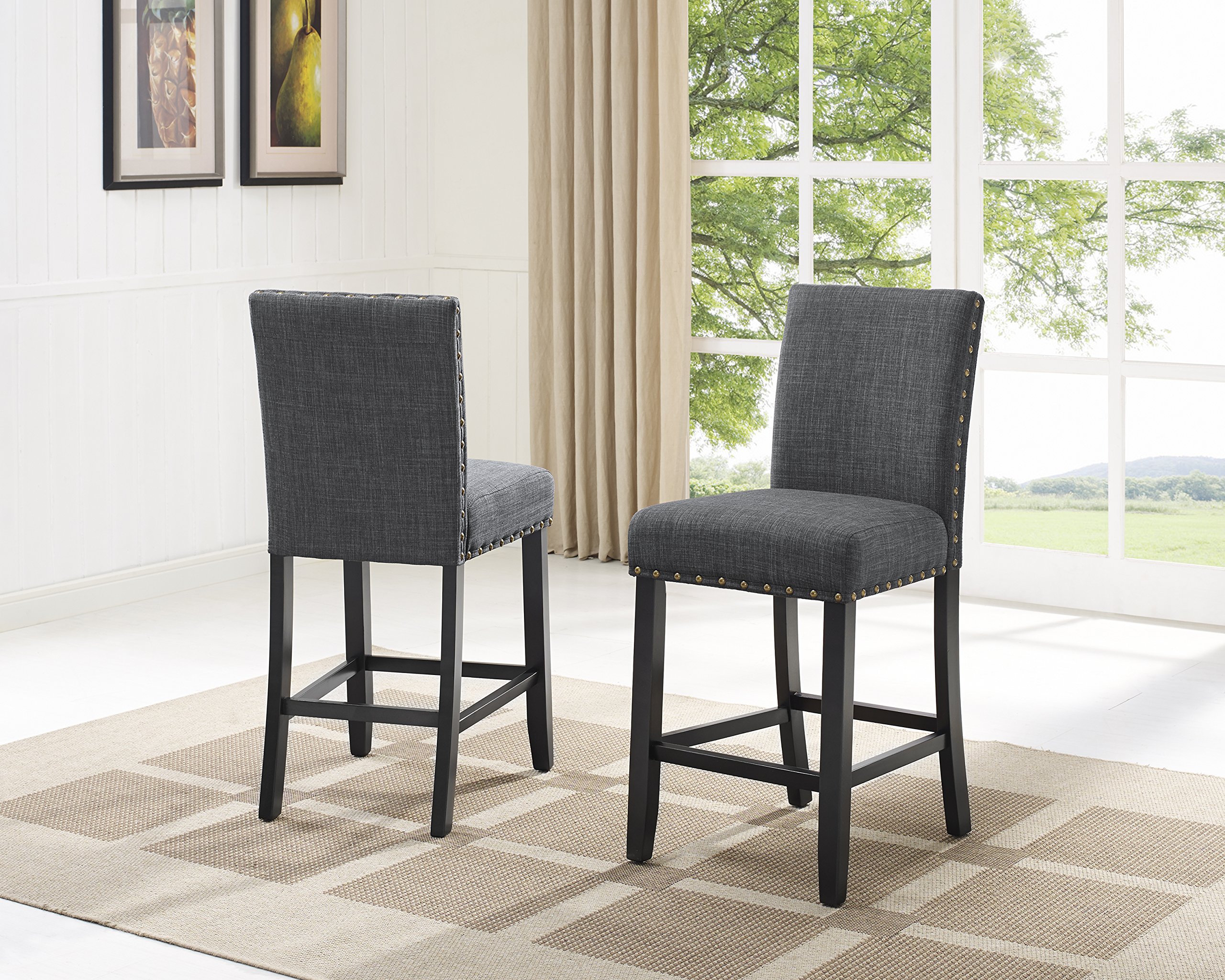Roundhill Furniture Biony Gray Fabric Counter Height Stools with Nailhead Trim, Set of 2 Biony Fabric Counter Height Dining Bench with Nailhead Trim, Grey