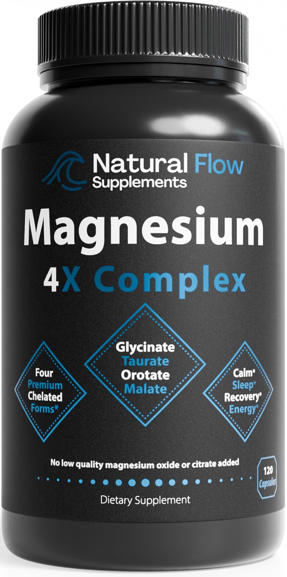 Natural Flow 4X Magnesium Supplement, Magnesium Glycinate, Taurate, Malate, Orotate Complex, Calm Sleep and Cramp Support Blend, No Mag Citrate or Oxide, 120 Capsules