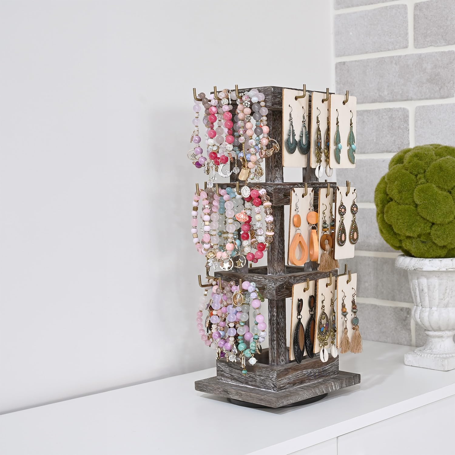 Ikee Design Wood Rotating Jewelry Display Stand Tower,Spinning Keychain Display Stand,36 Hooks Spinning Necklace, Bracelet, Earring Rack for Vendor, Coffee Color