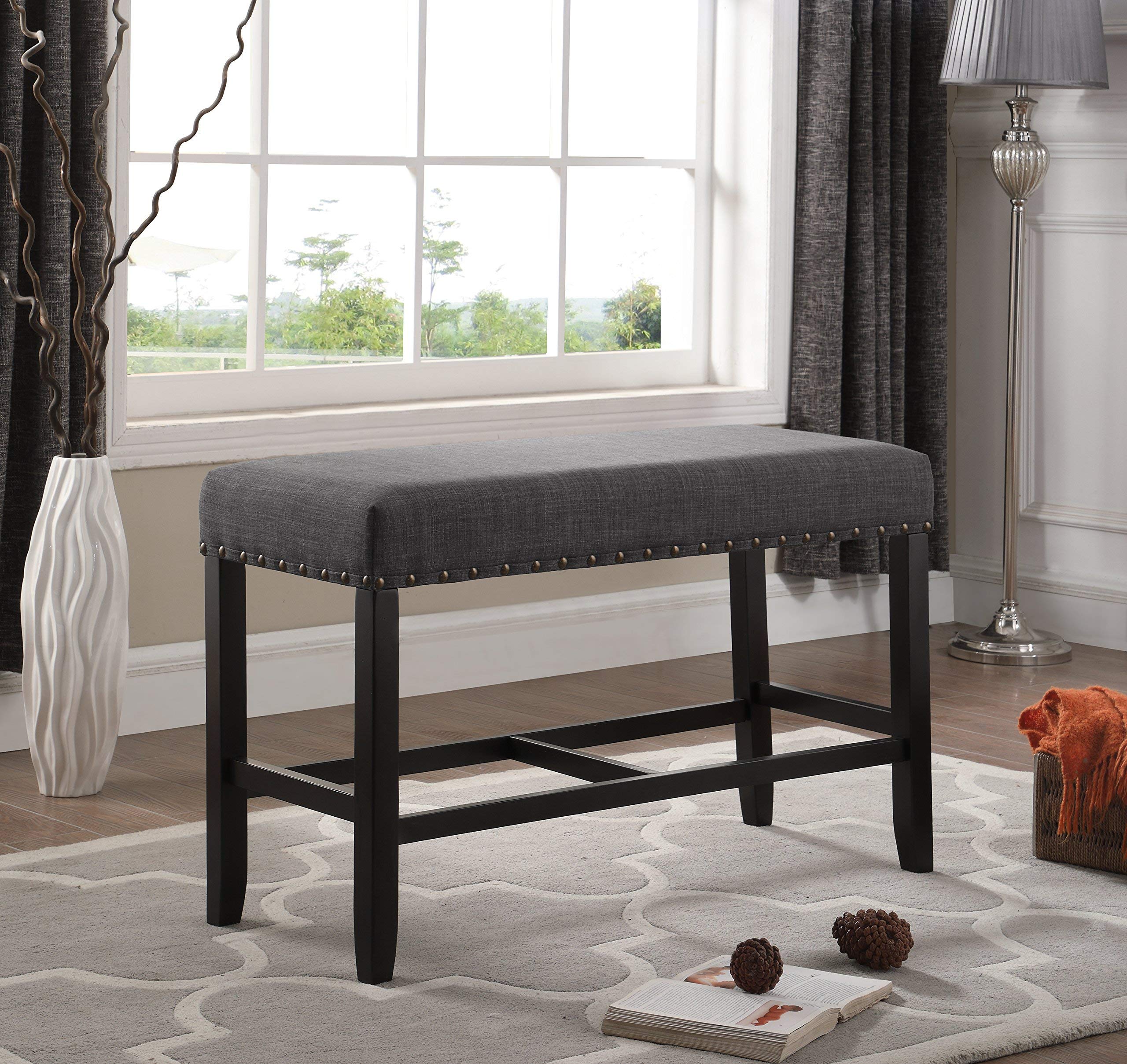 Roundhill Furniture Biony Gray Fabric Counter Height Stools with Nailhead Trim, Set of 2 Biony Fabric Counter Height Dining Bench with Nailhead Trim, Grey