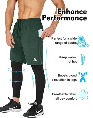 SILKWORLD Men's 2 in 1 Running Compression Tights Pants Mesh Athletic Workout Gym Legging,Black,Large