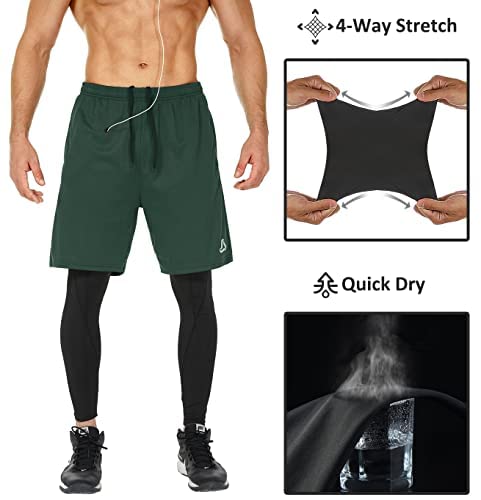 SILKWORLD Men's 2 in 1 Running Compression Tights Pants Mesh Athletic Workout Gym Legging,Black,Large