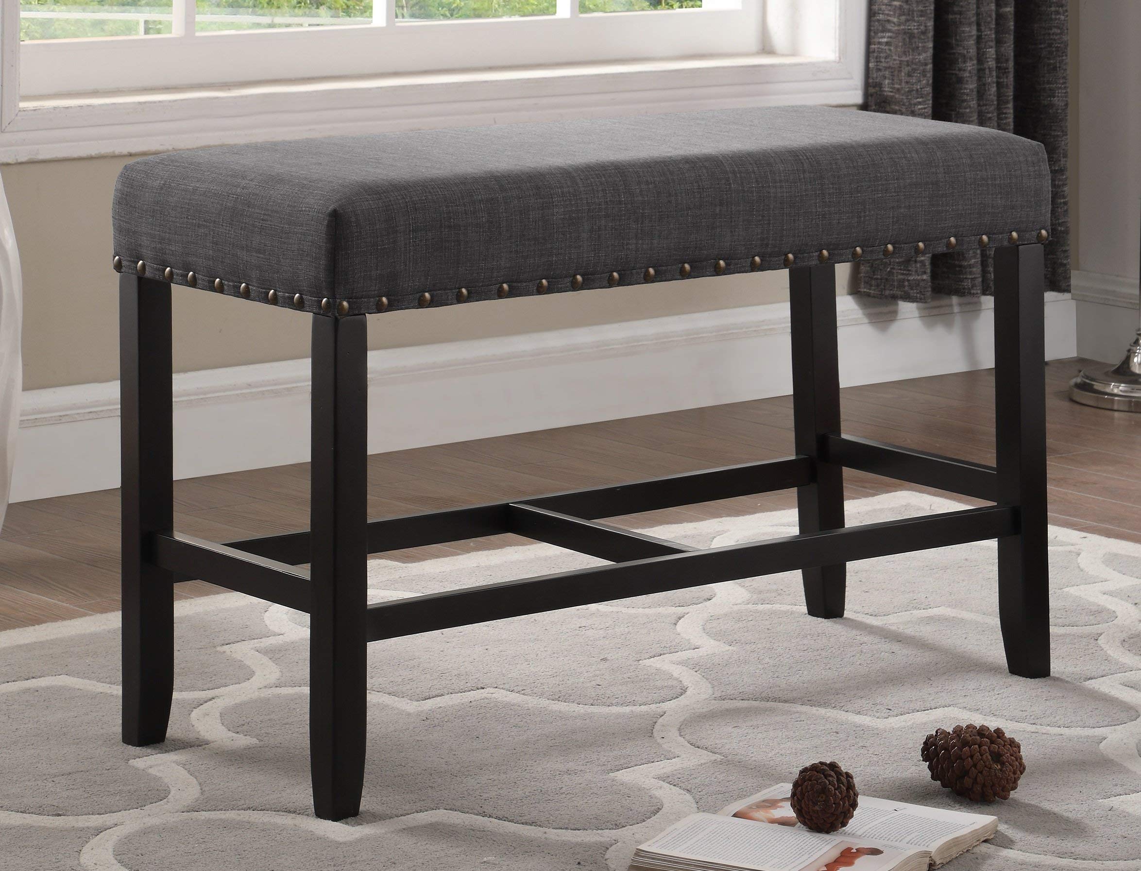 Roundhill Furniture Biony Gray Fabric Counter Height Stools with Nailhead Trim, Set of 2 Biony Fabric Counter Height Dining Bench with Nailhead Trim, Grey