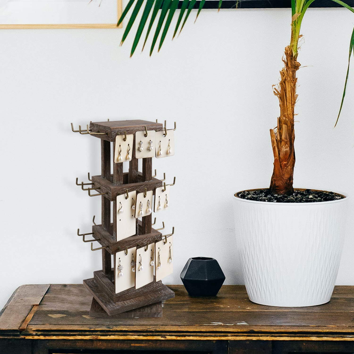 Ikee Design Wood Rotating Jewelry Display Stand Tower,Spinning Keychain Display Stand,36 Hooks Spinning Necklace, Bracelet, Earring Rack for Vendor, Coffee Color