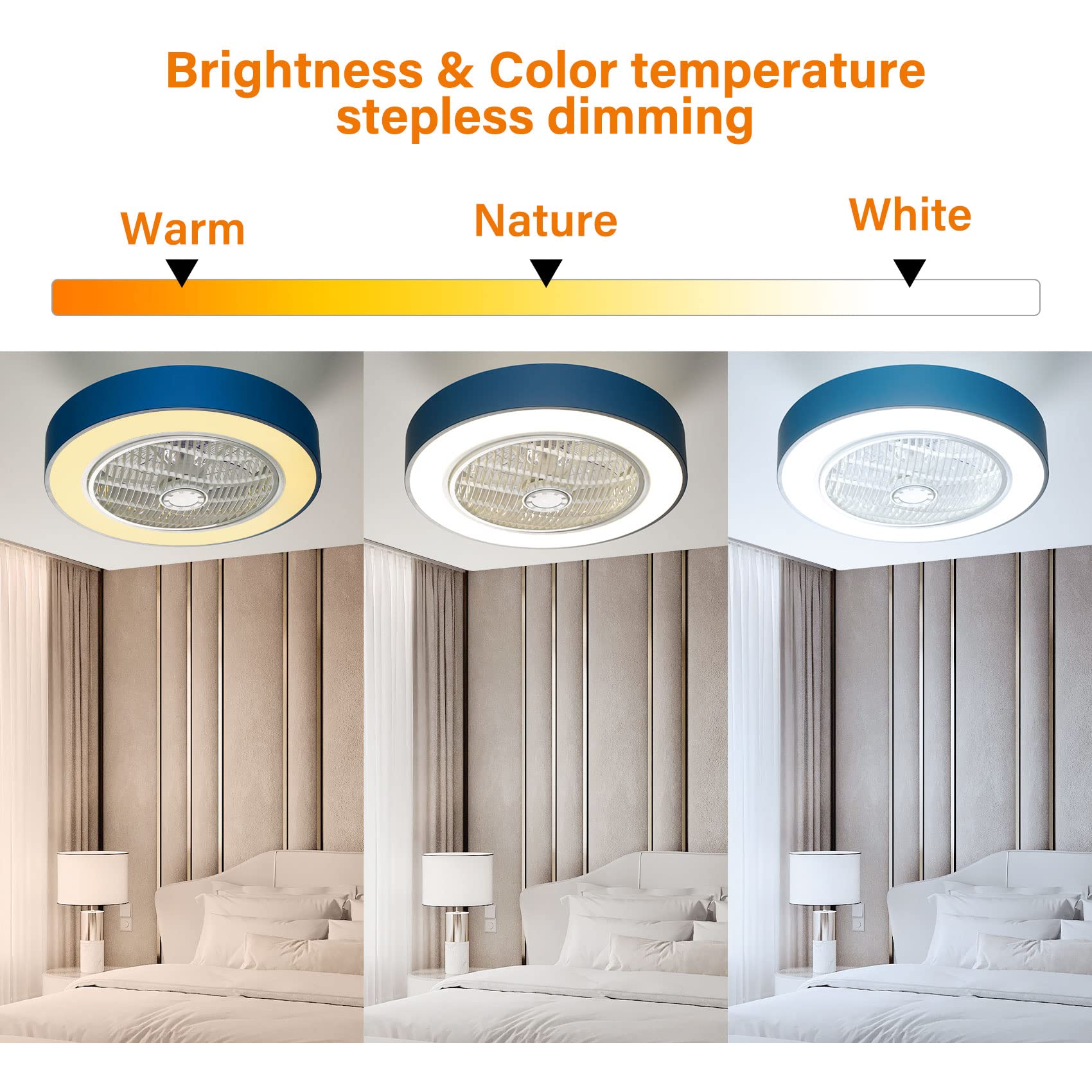 TC-Home Ceiling Fan with LED Light Invisible Blades 22 inches Morden Blue Lighting Color Changing Close to Ceiling Chandelier Fan