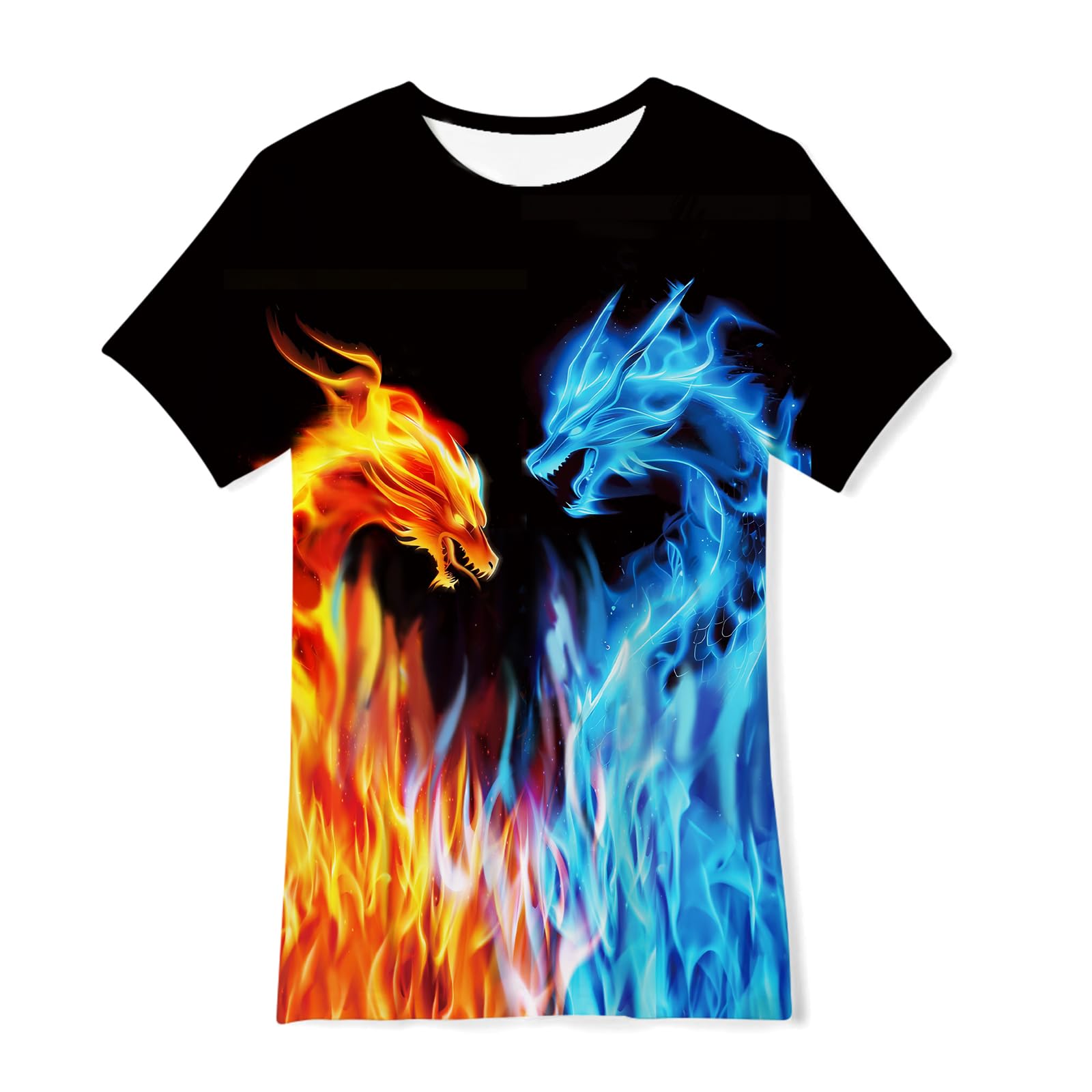 Enlifety Boys Girls Fire Dragon Print Tee Cool Blue Orange Kids T-Shirt Size 9-12 Years