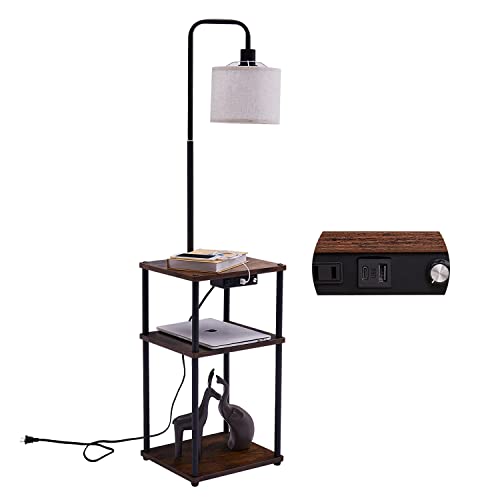 HSPauto Floor Lamp with Table, Lamps for Living Room with Charging Station(USB &Type-C &AC Port), Rustic End Table Lamp with Shelves & 3-Color Temperature LED Bulb, Lamp Table for Living Room, Bedroom