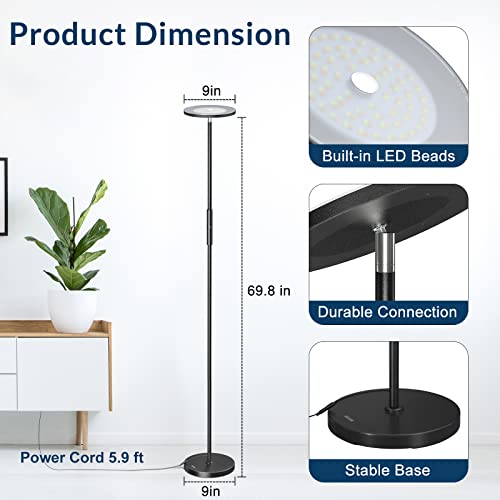 SHINESTAR LED Floor Lamp, 30W/2500LM Bright Sky Floor Lamp, Stepless Dimming and 3 Color Temperatures, Bluetooth WiFi and Touch Control, for Living Room, Bedroom, Office (Black)