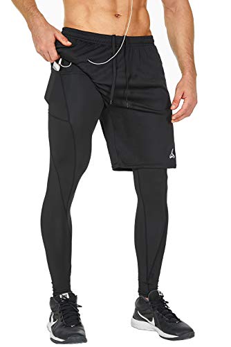 SILKWORLD Men's 2 in 1 Running Compression Tights Pants Mesh Athletic Workout Gym Legging,Black,Large