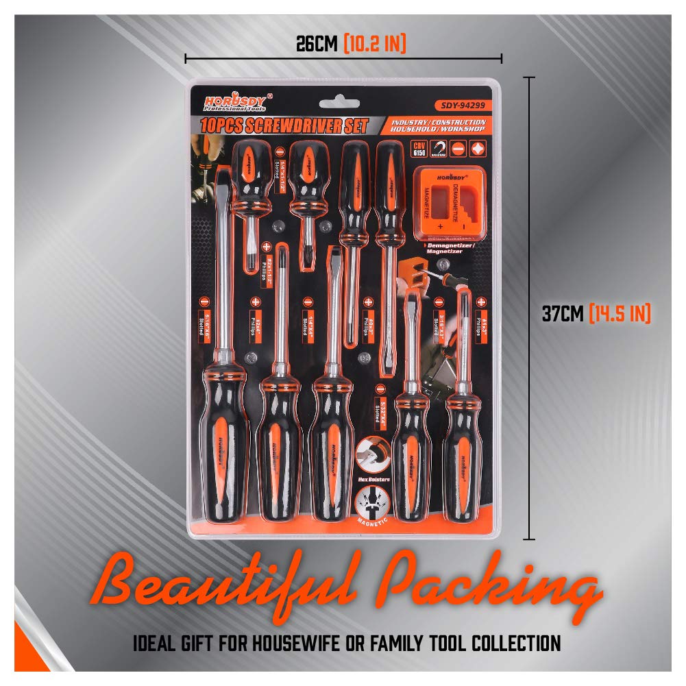 HORUSDY 10-Pieces Magnetic Screwdriver Set, 4 Phillips and 5 Flat Head Tips Screwdriver for Fastening and Loosening Seized Screws