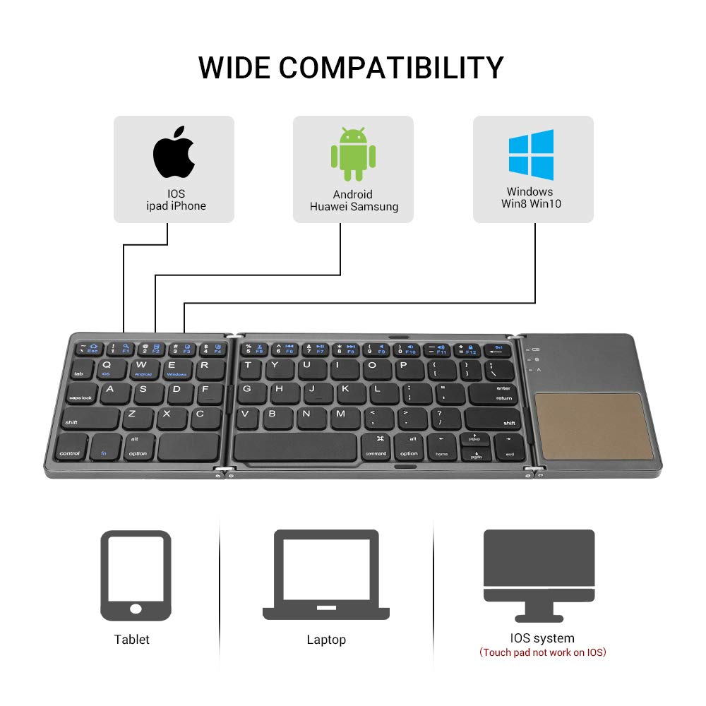 Achort Foldable Bluetooth Keyboard, Tri- Folding Portable Wireless Keyboard with Touchpad, USB Rechargable BT Wireless Keyboard for Android, Windows System Laptop Tablet Smartphone Device(Gray)