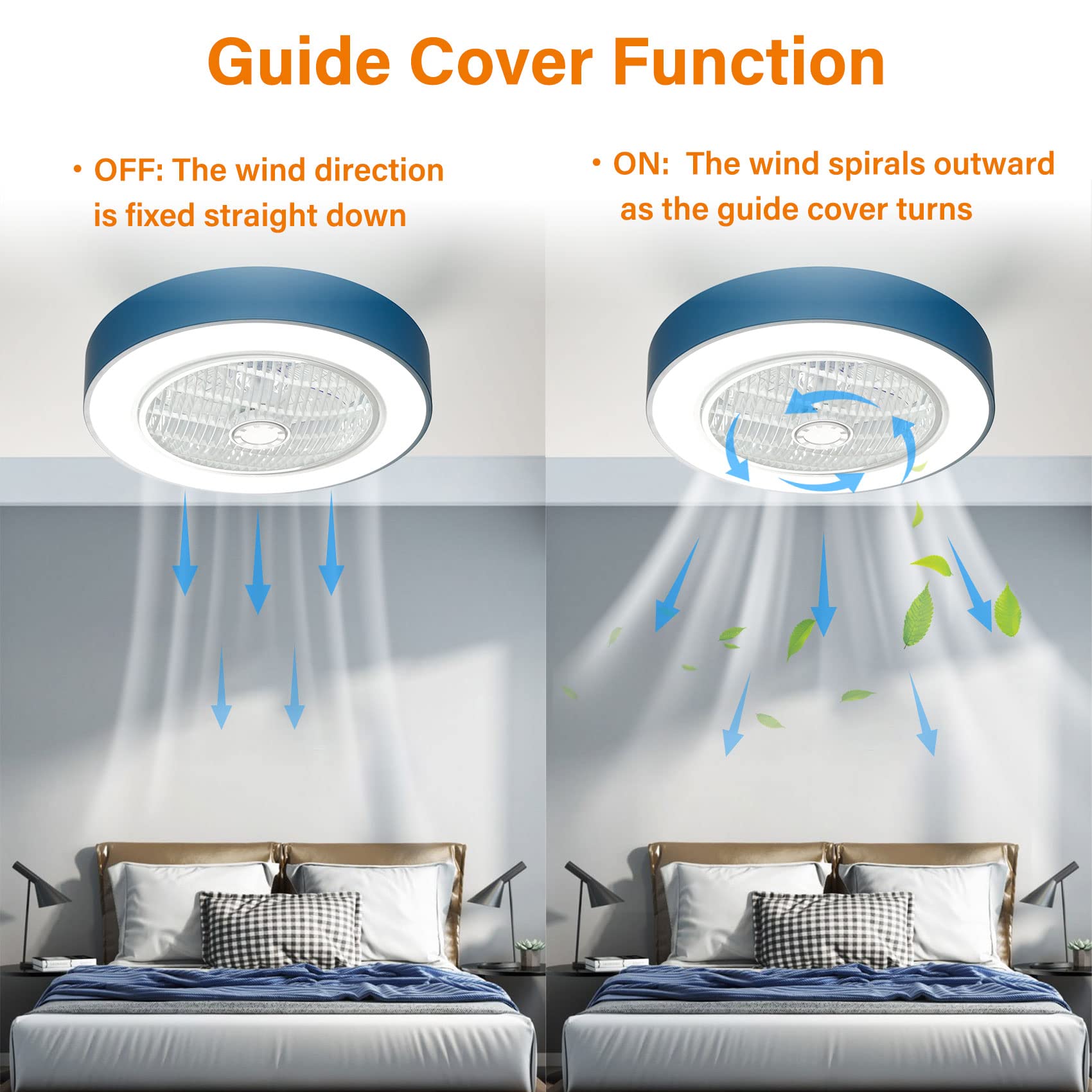TC-Home Ceiling Fan with LED Light Invisible Blades 22 inches Morden Blue Lighting Color Changing Close to Ceiling Chandelier Fan