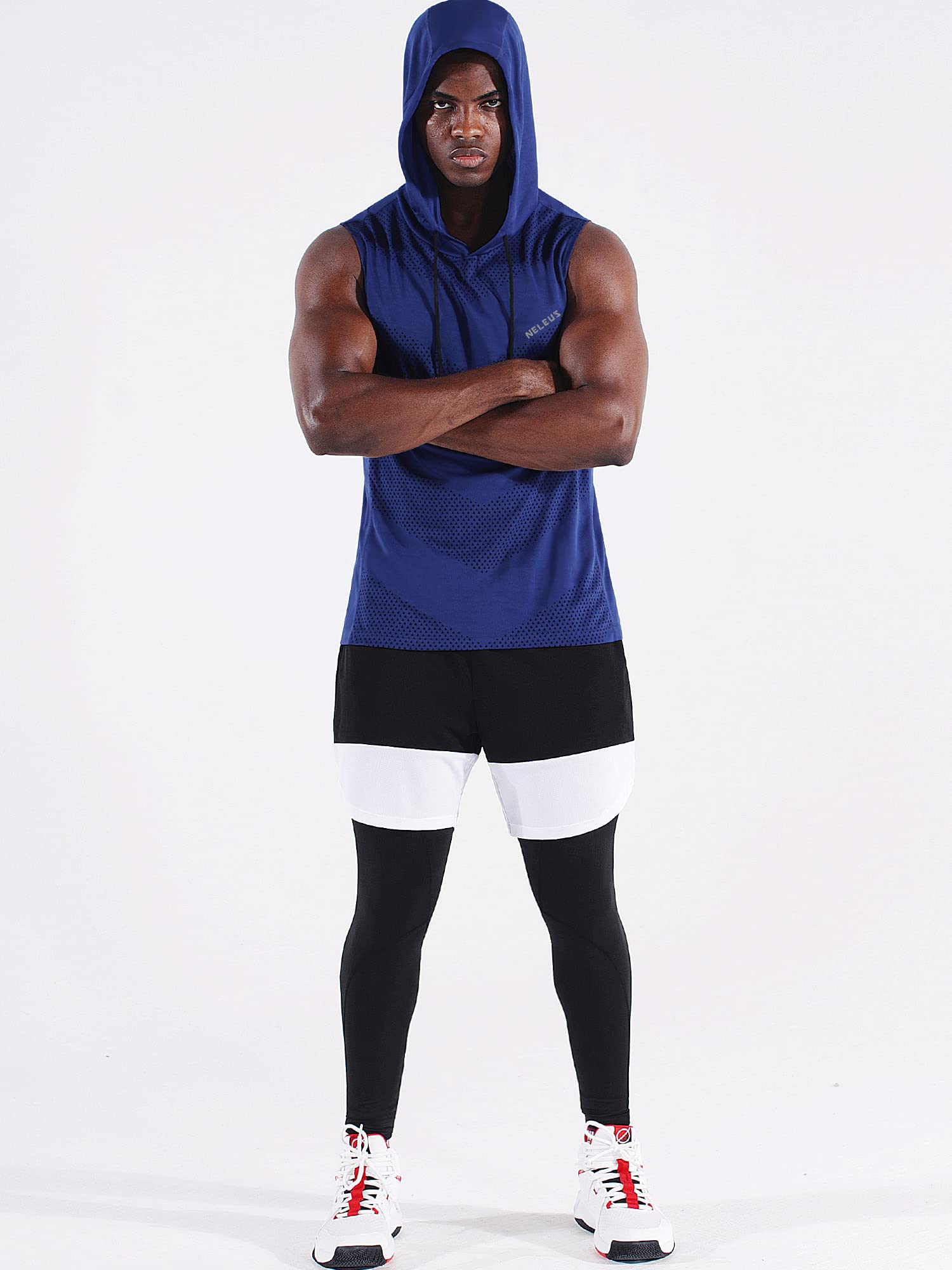 NELEUS Men's Workout Tank Tops Sleeveless Running Shirts with Hoodie,5098,3 Pack,Grey/Blue/Red,2XL