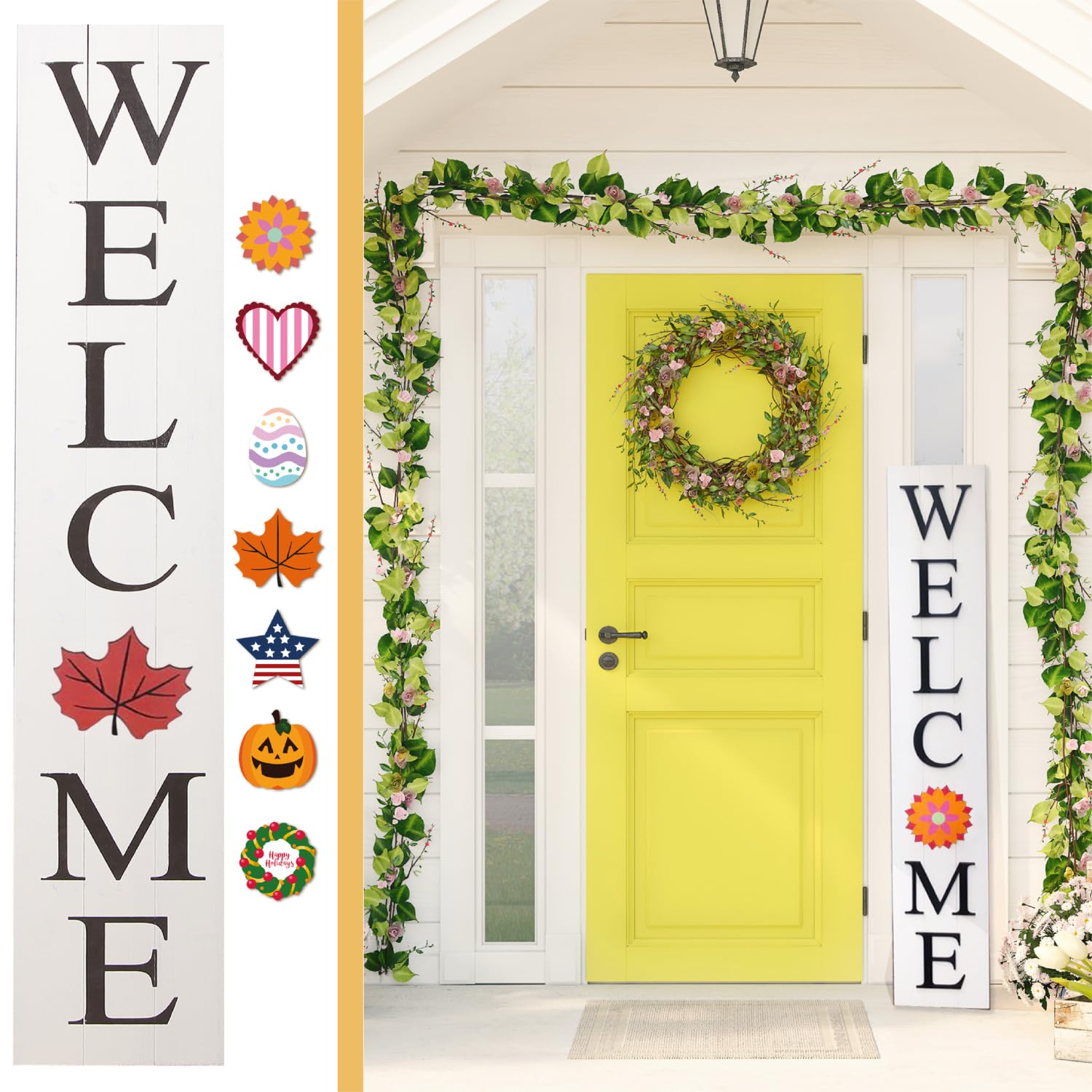 ALBEN Welcome Sign for Front Door Porch with Ornamental Tiles - 8 Interchangeable Seasonal Tiles, Celebrate Holidays and Seasons, Vertical Wooden Outdoor and Indoor Welcome Home Decor Sign (White)
