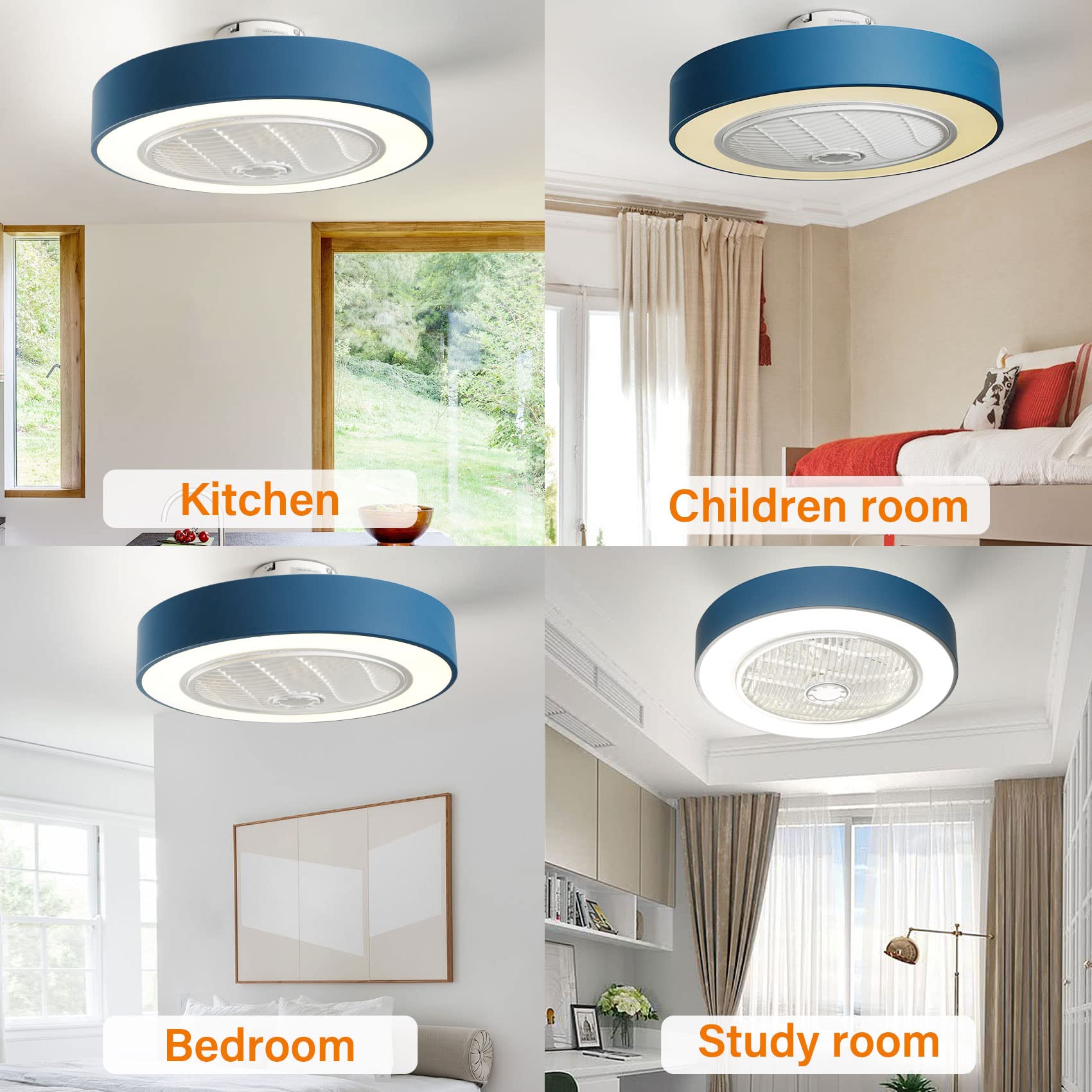 TC-Home Ceiling Fan with LED Light Invisible Blades 22 inches Morden Blue Lighting Color Changing Close to Ceiling Chandelier Fan