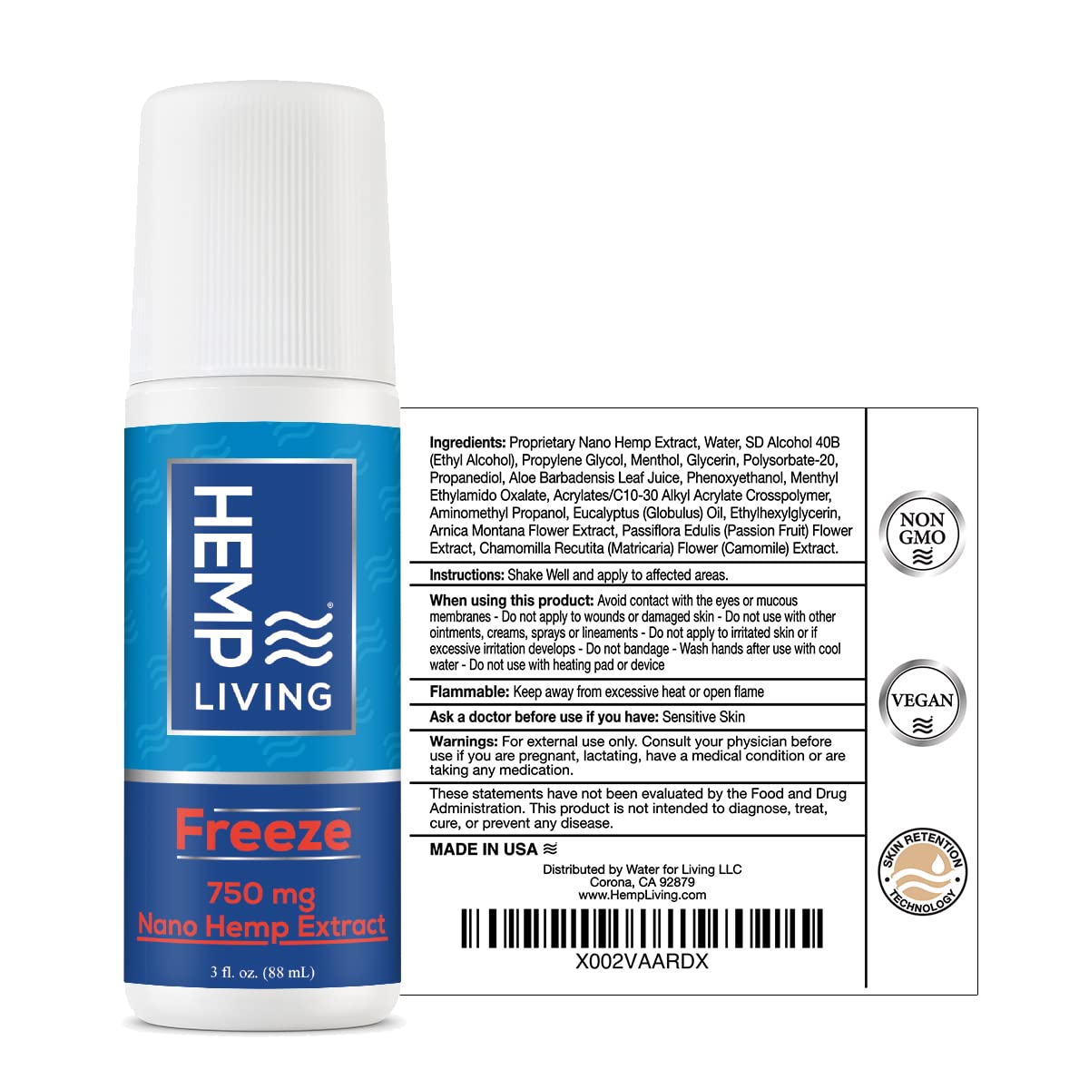 HEMP LIVING Freeze Nano Hemp Extract Roll On, Cold Therapy, Roll On for Muscles and Joint Strain, 3 oz Roll on Bottle (750 mg)