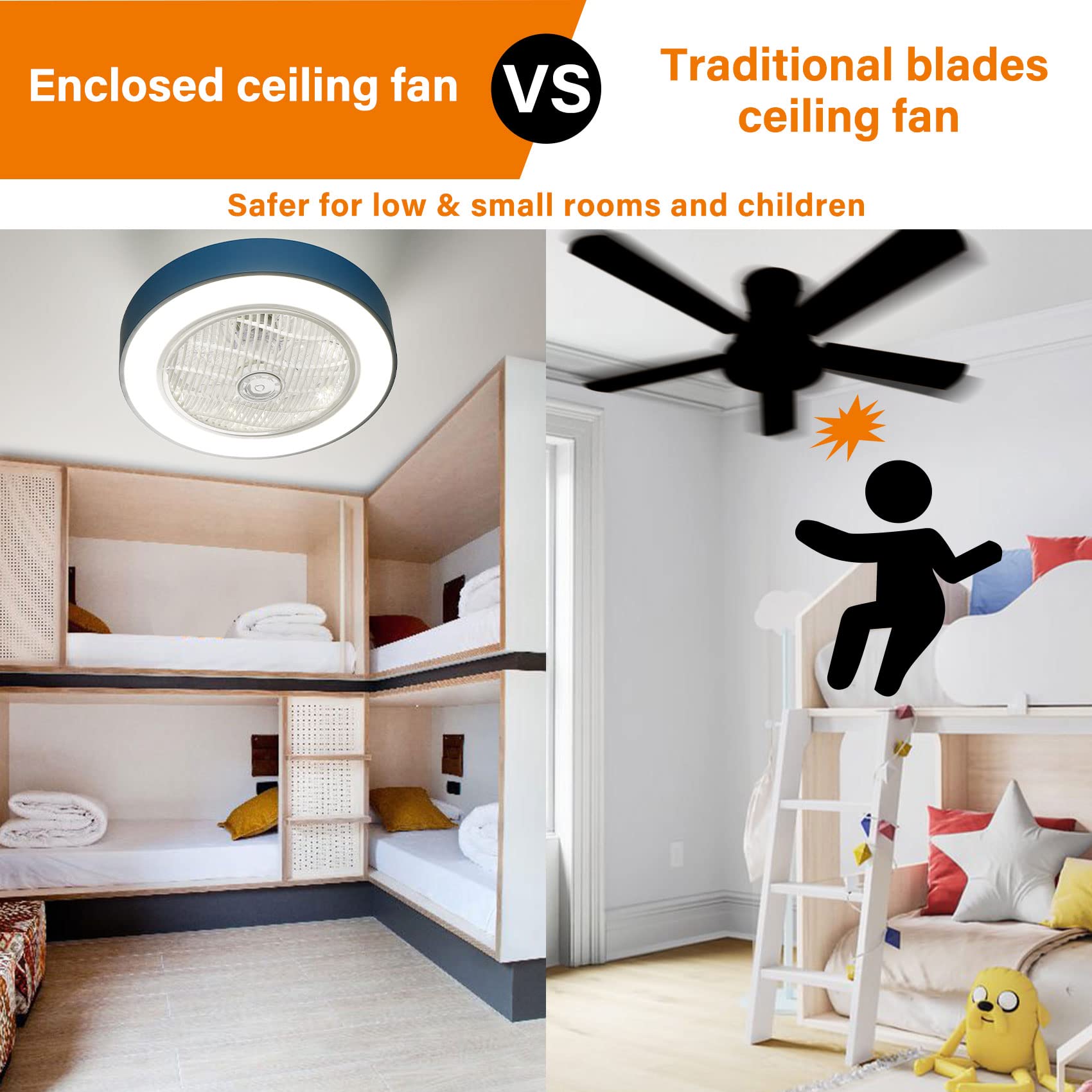 TC-Home Ceiling Fan with LED Light Invisible Blades 22 inches Morden Blue Lighting Color Changing Close to Ceiling Chandelier Fan