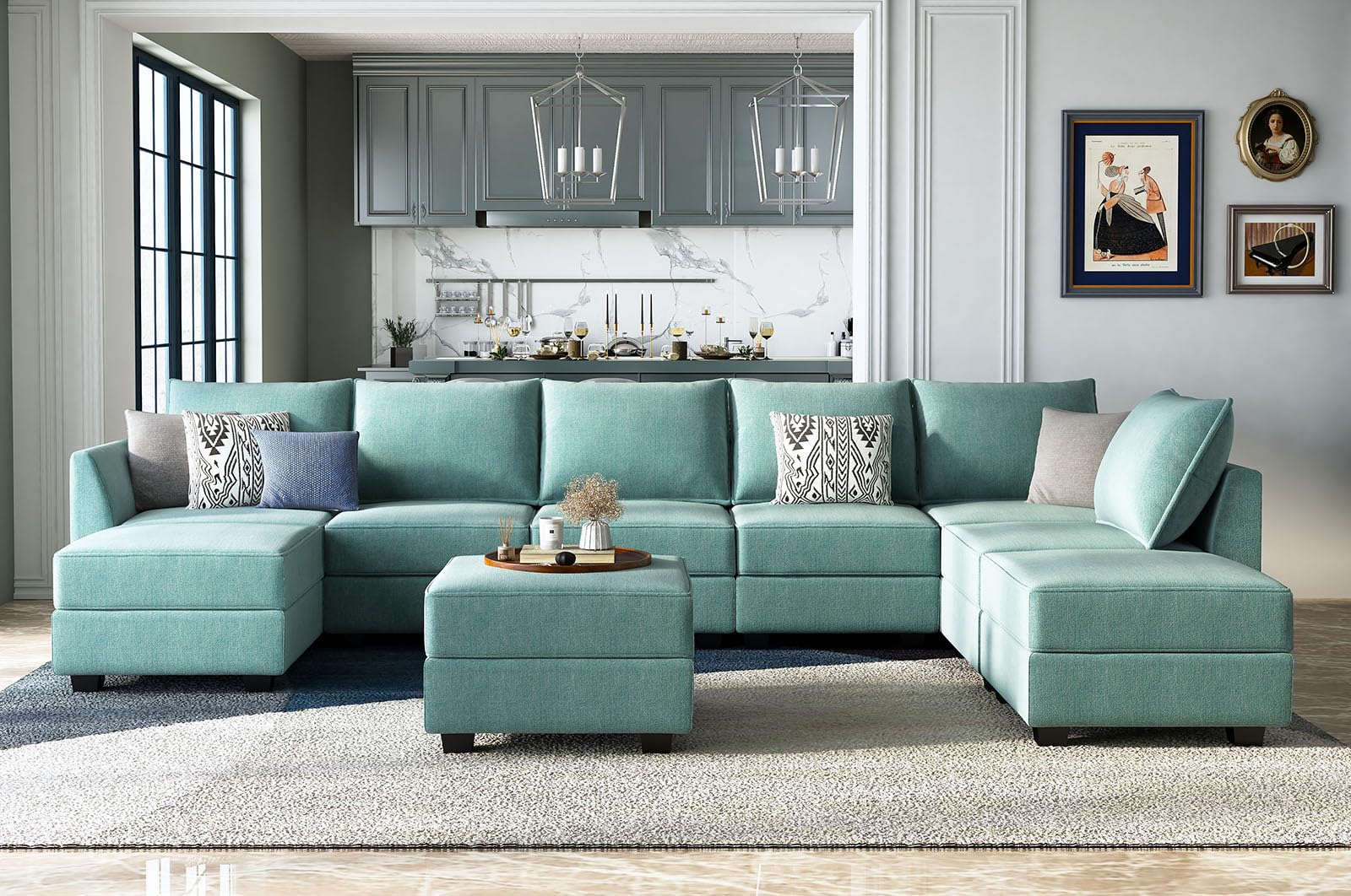 HONBAY Modern Fabric Middle Module for Modular Sofa Customizable Sectional Sofa Couch Accent Armless Chair, Aqua Blue