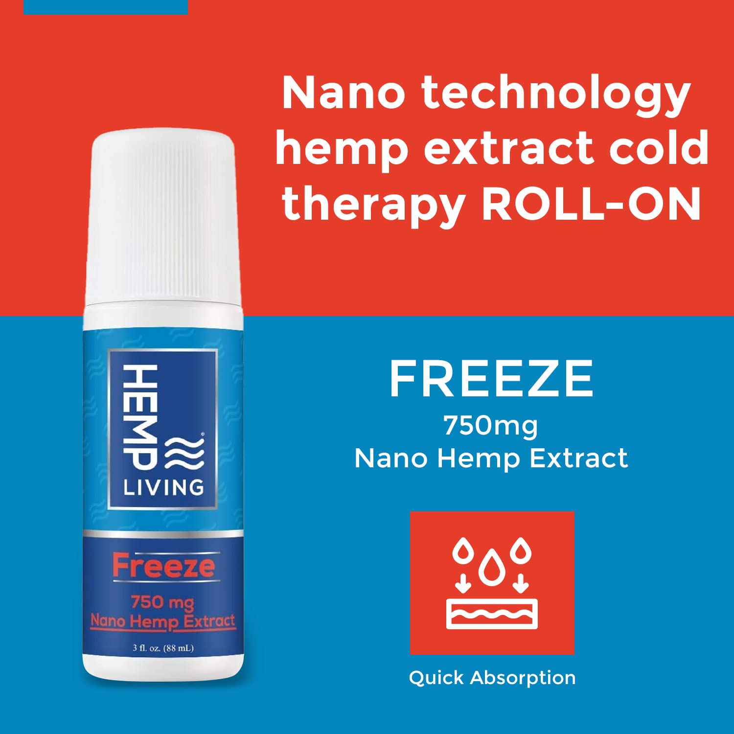 HEMP LIVING Freeze Nano Hemp Extract Roll On, Cold Therapy, Roll On for Muscles and Joint Strain, 3 oz Roll on Bottle (750 mg)