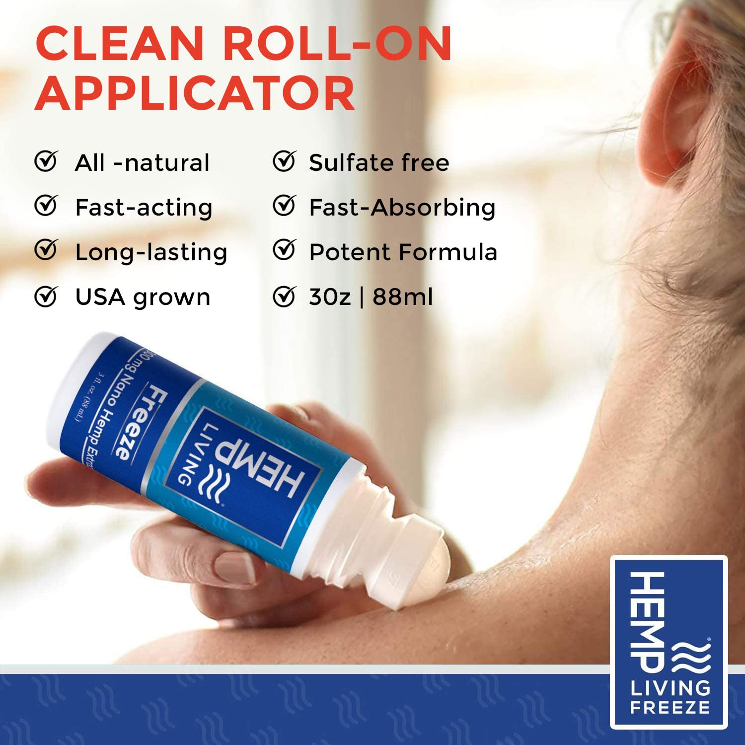 HEMP LIVING Freeze Nano Hemp Extract Roll On, Cold Therapy, Roll On for Muscles and Joint Strain, 3 oz Roll on Bottle (750 mg)