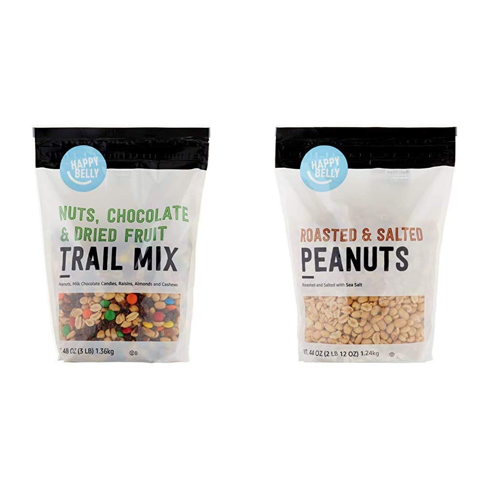Amazon Brand Happy Belly Nuts, Chocolate & Dried Fruit and Roasted Salted Peanuts Trail Mix Bundle (3 Pounds)
