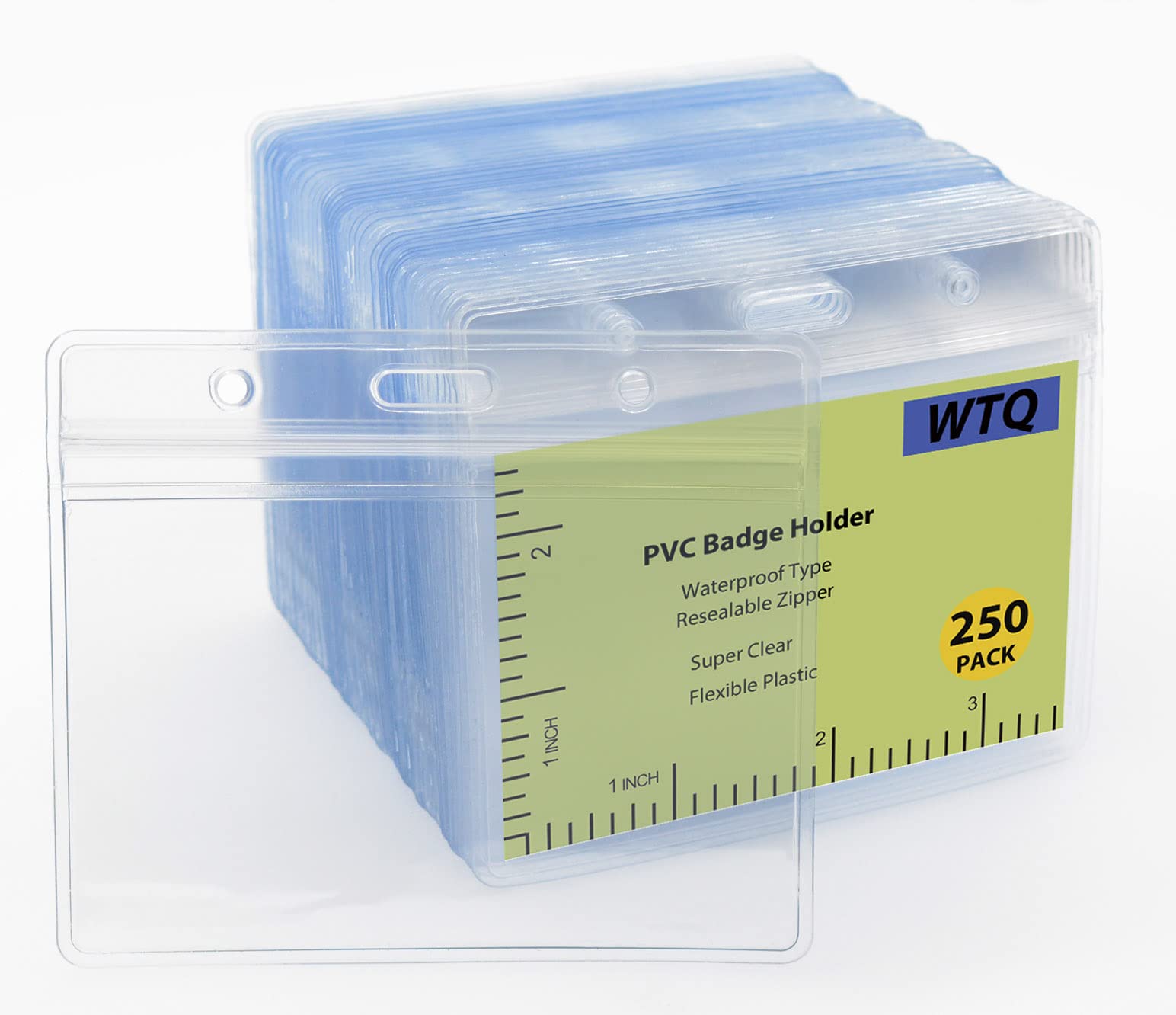250 Pack - WTQ Waterproof ID Badge Holders (Fit 3.6 x 2.4 Insert), Clear Plastic, Premium Quality, Heavy-Duty, Horizontal Hanging Card Holder with Zipper, Sealable Vinyl Nametag Holders