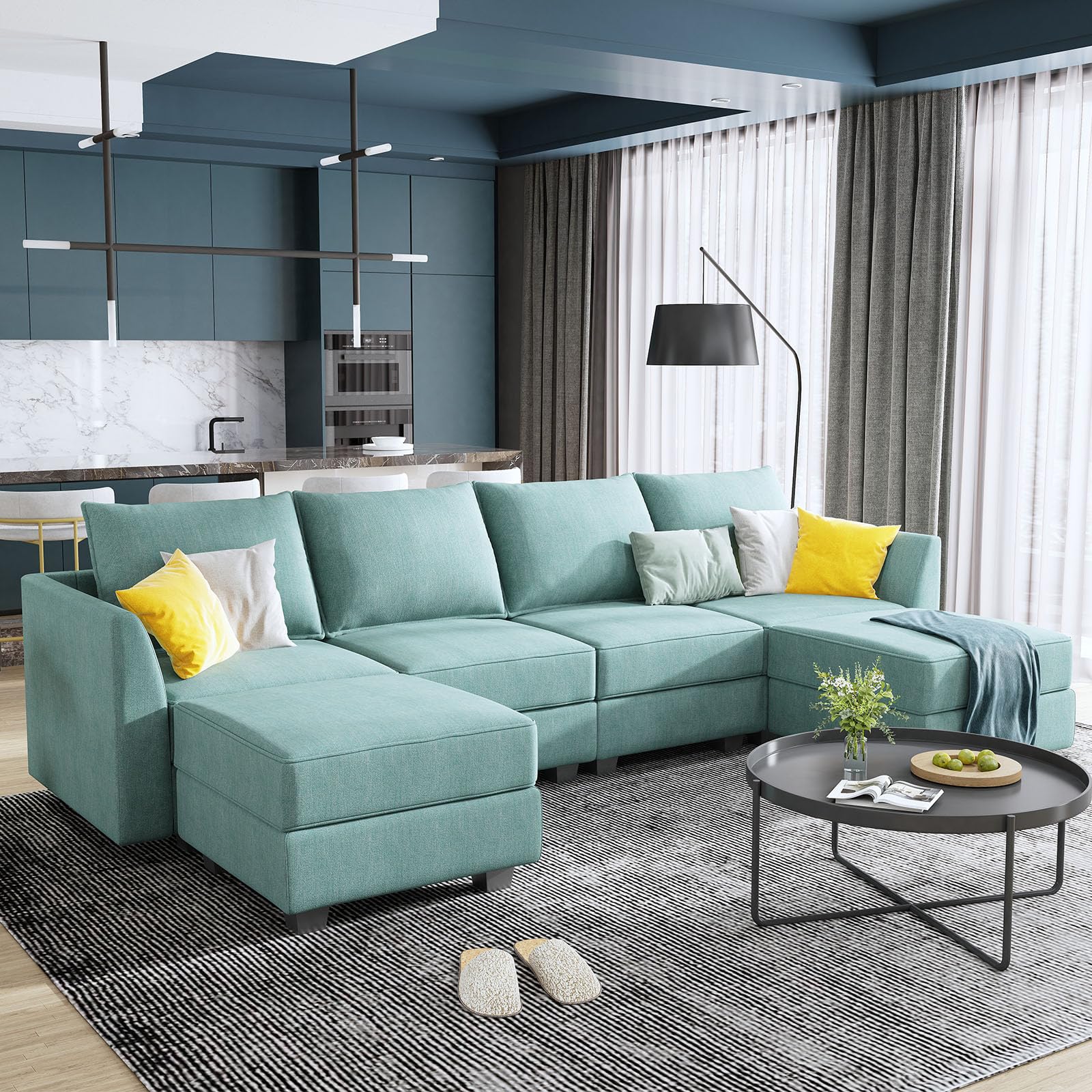 HONBAY Modern Fabric Middle Module for Modular Sofa Customizable Sectional Sofa Couch Accent Armless Chair, Aqua Blue