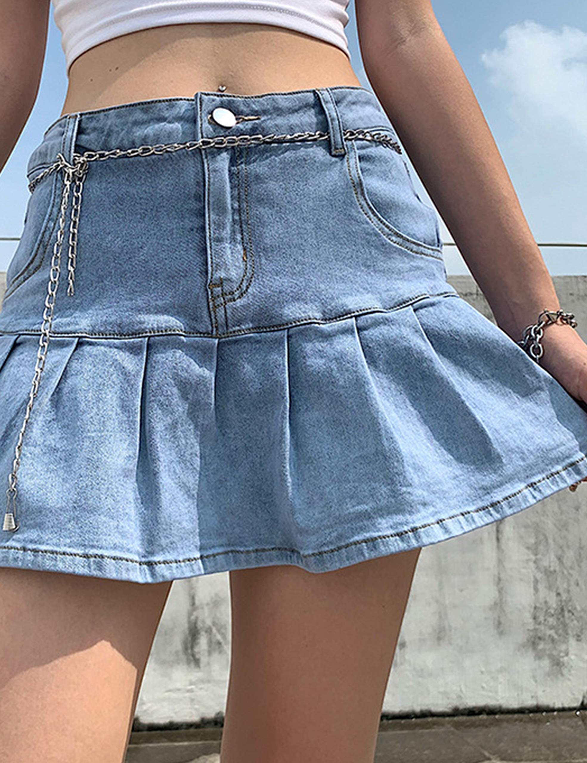 Yeokou Women's Casual Slim A-line Pleated Ruffle Short Mini Denim Skirts (XS, LightBlue)