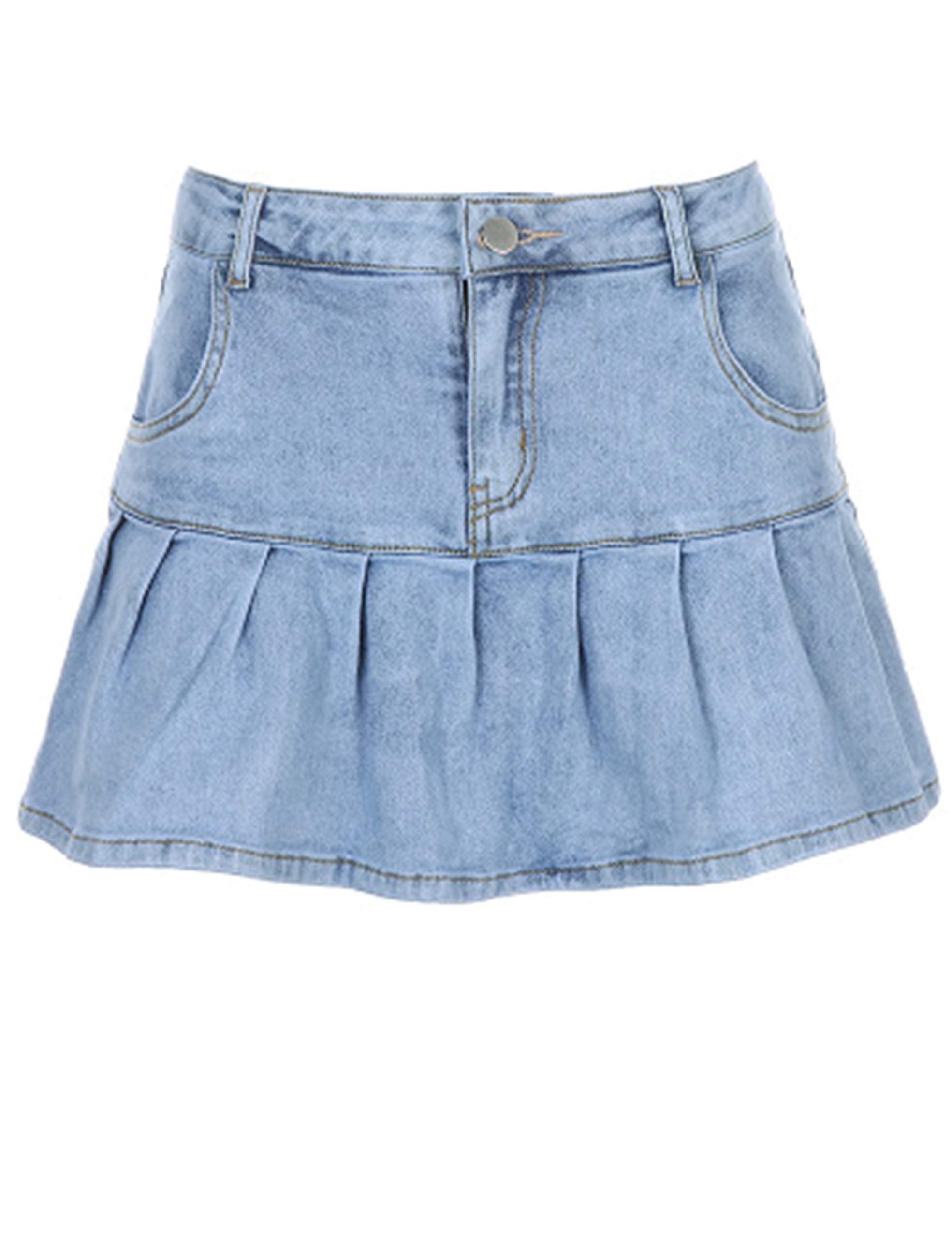 Yeokou Women's Casual Slim A-line Pleated Ruffle Short Mini Denim Skirts (XS, LightBlue)