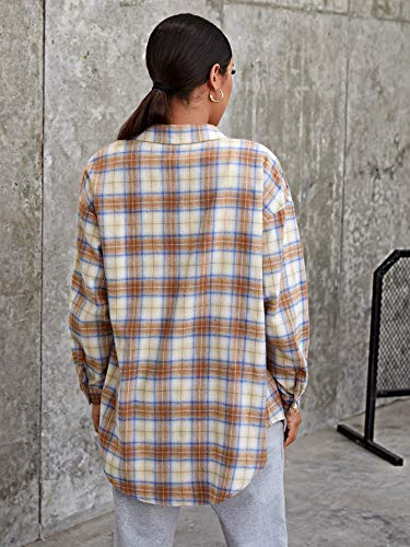 MakeMeChic Women's Plaid Shirts Oversized Flannels Shacket Jacket Multi Camel Small